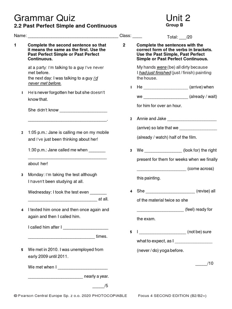 Grammar Quiz Unit 2: 2.2 Past Perfect Simple and Continuous | PDF ...