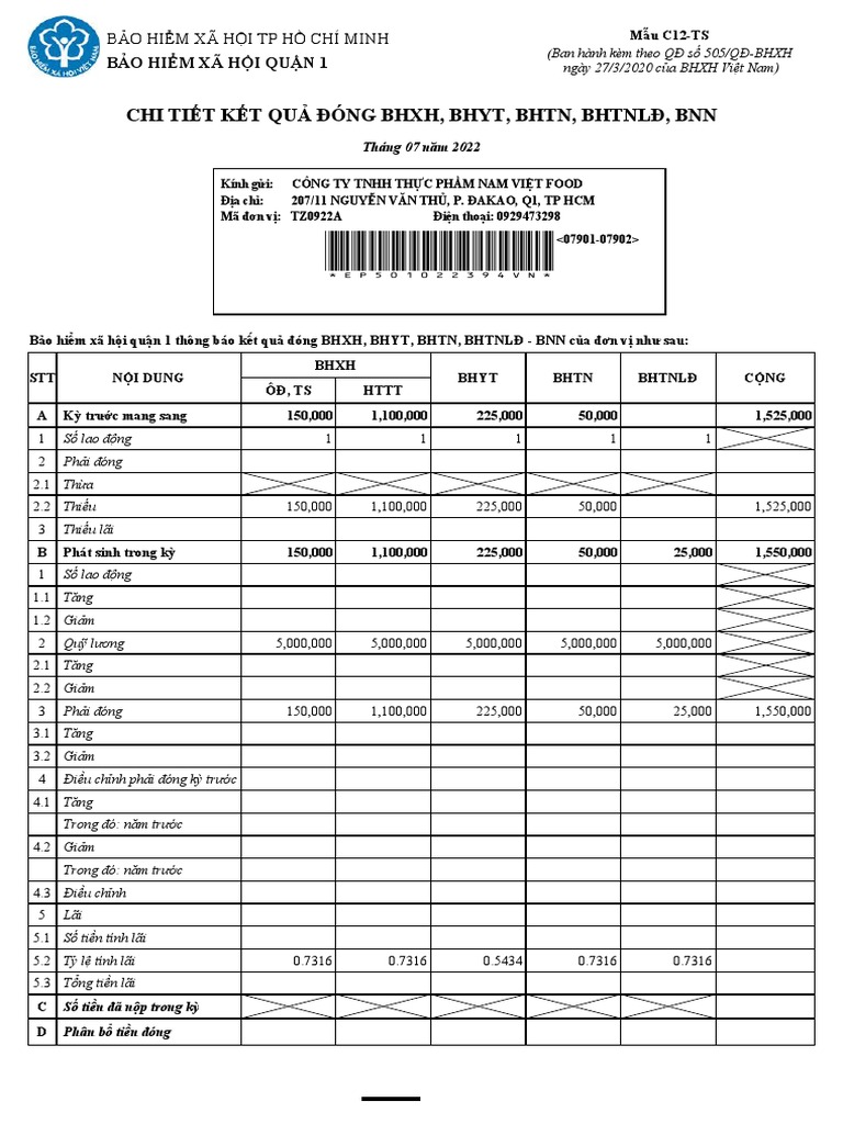 Chi Tiết Kết Quả Đóng Bhxh, Bhyt, Bhtn, Bhtnlđ, Bnn: Bảo Hiểm Xã Hội ...