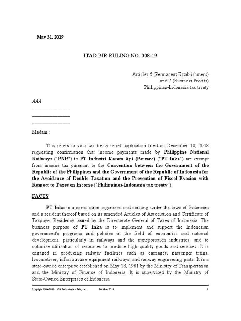 ITAD BIR Ruling 008-19 PE - Rep Office | PDF | Permanent Establishment ...
