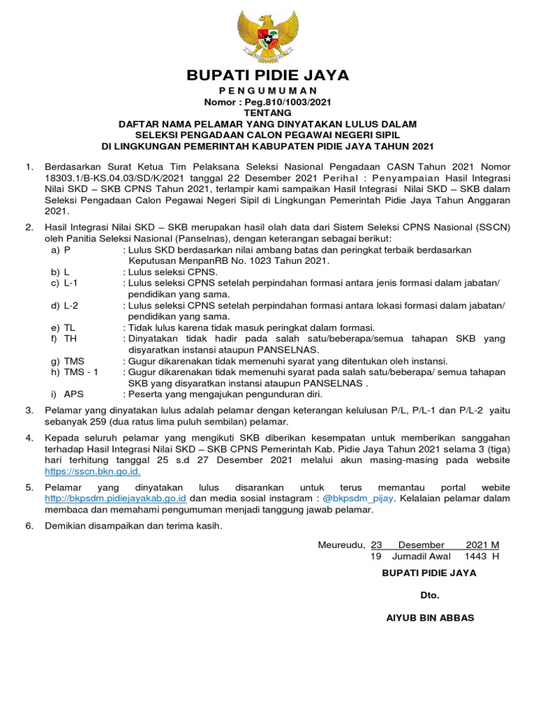 Pengumuman Lulus SKD SKB 2021 | PDF