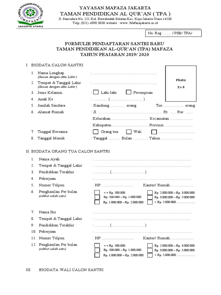Formulir Pendaftaran Santri TPQ Mafaza | PDF Formulir Pendaftaran Santri TPQ Mafaza | PDF