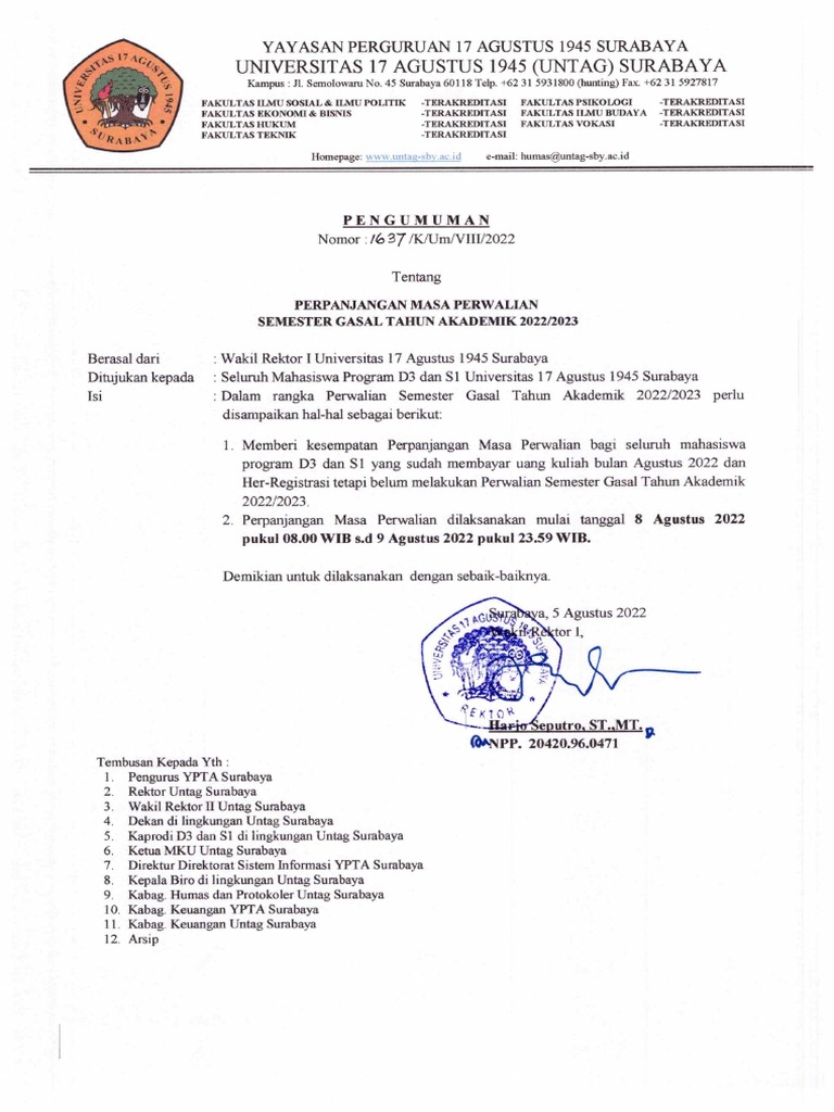1637-K-Um-VIII-2022 Pengumuman Perpanjangan Masa Perwalian Semester Gasal 2022 2023 | PDF