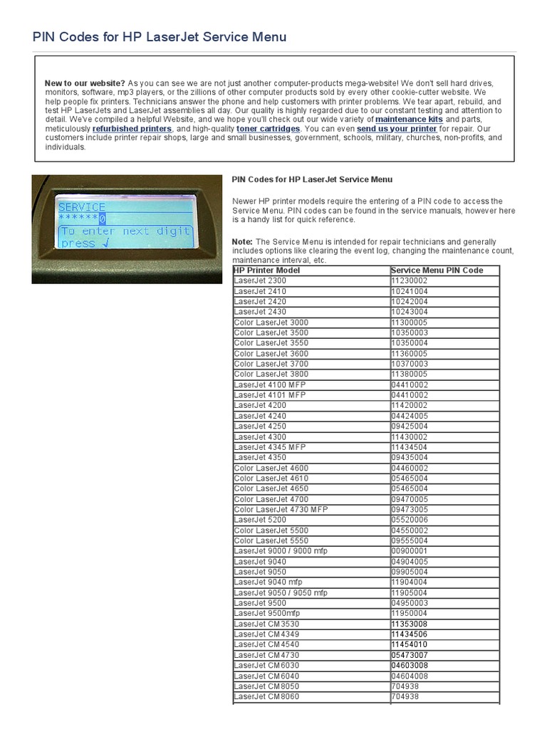 HP - Service Menu Pin Codes | PDF | Printer (Computing) | Computer Hardware