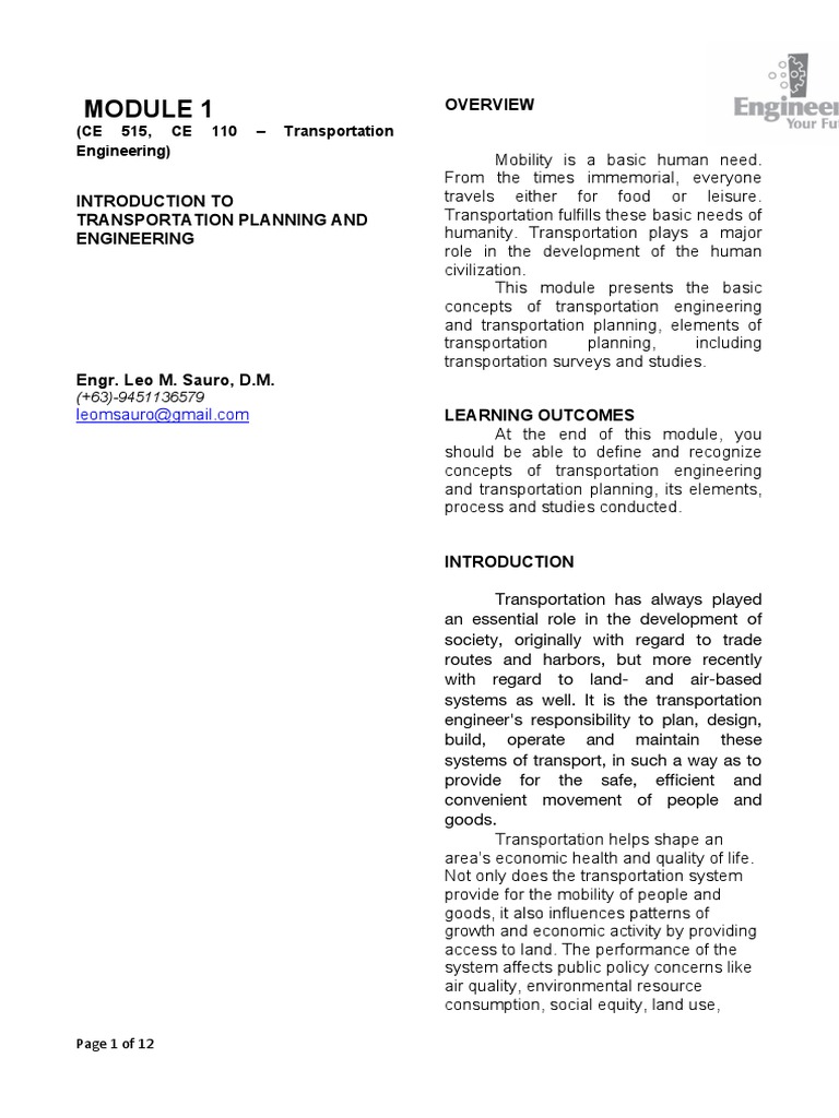 Module 1 - Introduction To Transportation Planning and Engineering ...