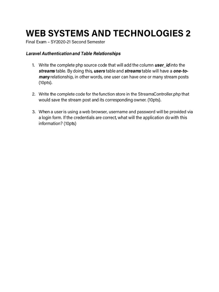 Final Exam SY 2020-21 2nd Sem - WEB SYSTEMS AND TECHNOLOGIES 2 | PDF