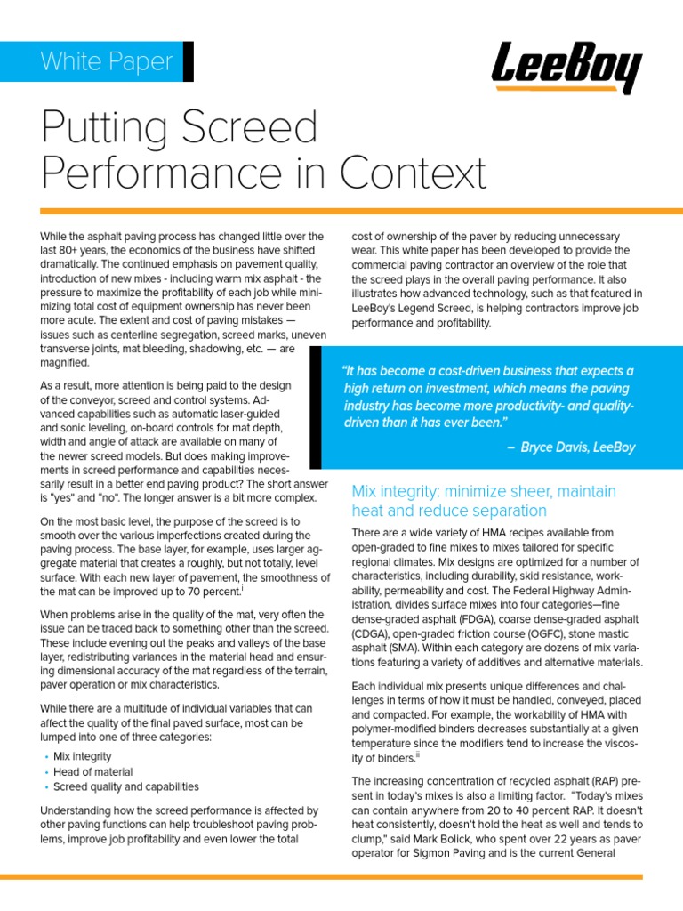 White Paper - LeeBoy Legend Screen System | PDF | Road Surface