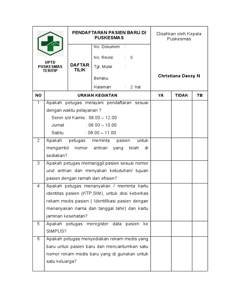 Daftar Tilik Pendaftaran Pasien Baru | PDF