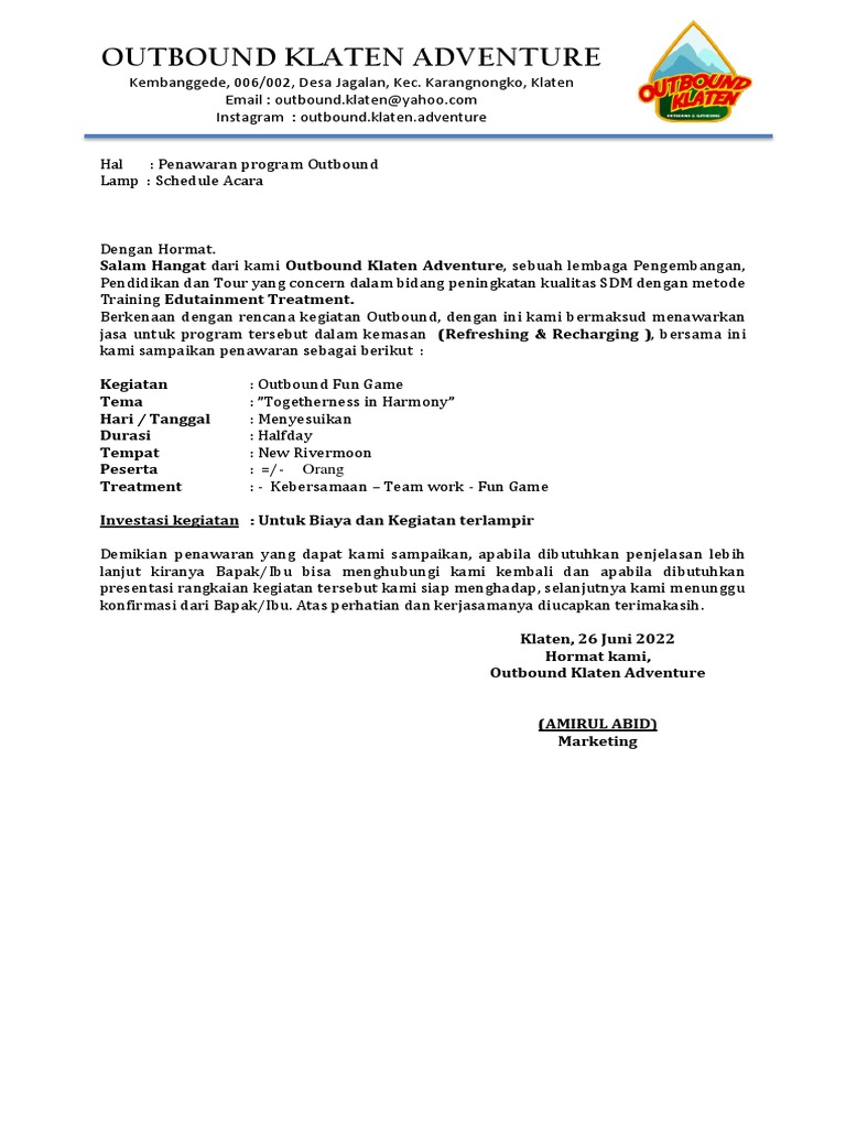 Proposal Kegiatan Outbound Di Klaten Dewasa | PDF