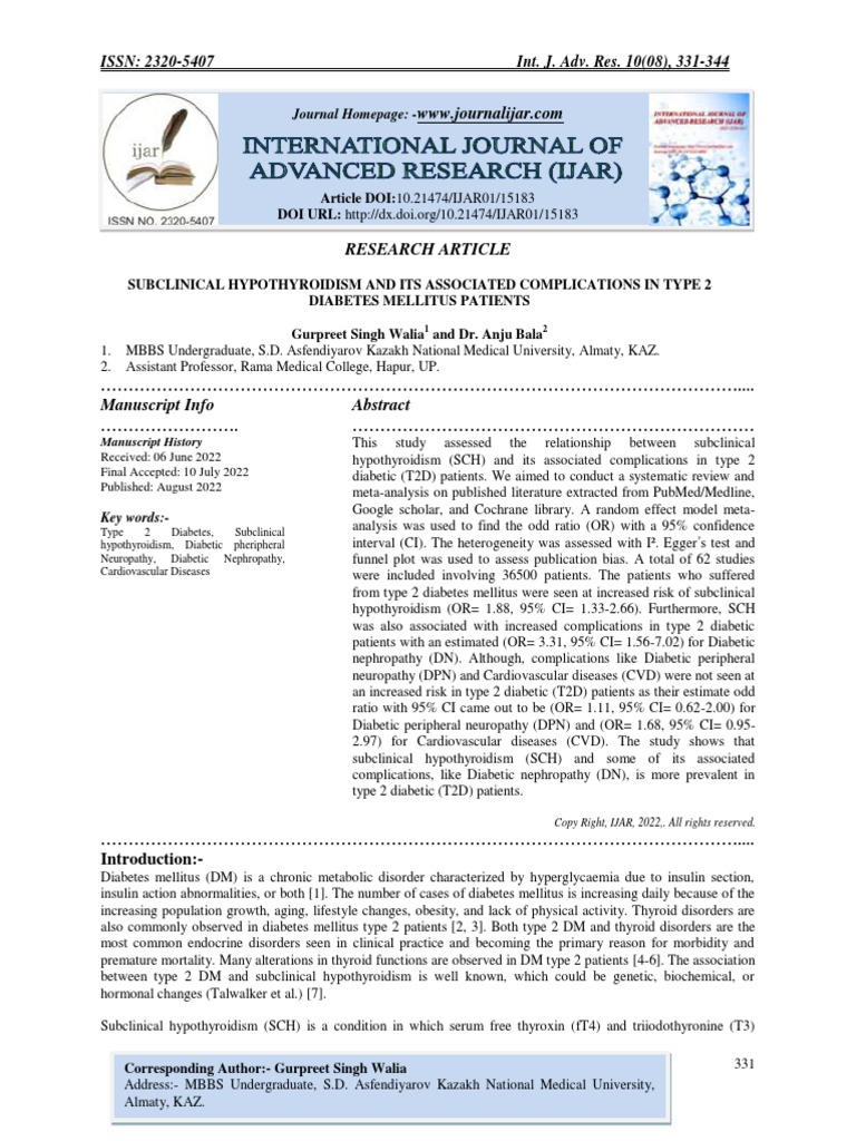 Subclinical Hypothyroidism and Its Associated Complications in Type 2 ...