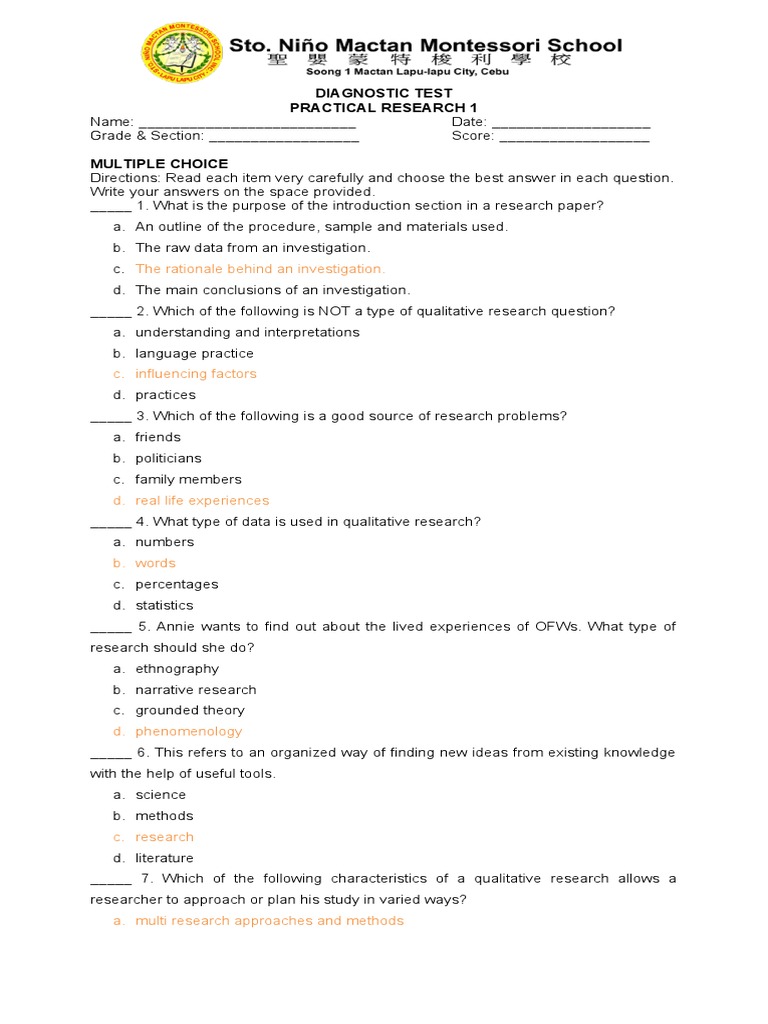 Diagnostic Test (Practical Research 1) | PDF | Qualitative Research | Data