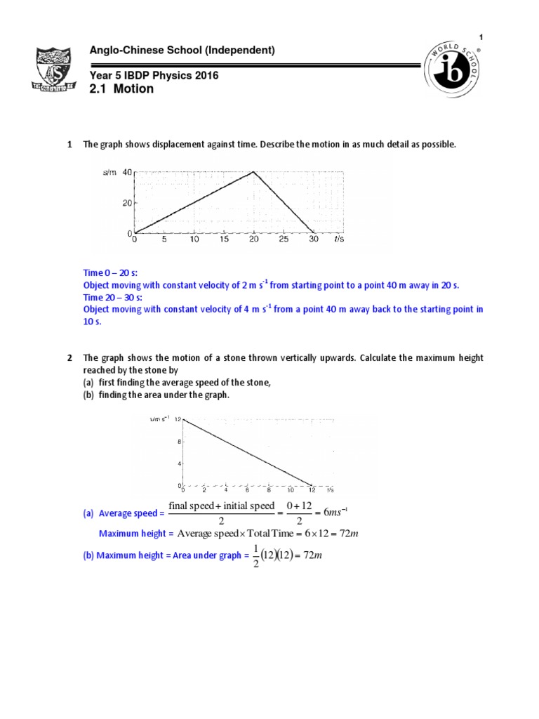 Assignment 2.1 Motion (Answers) | PDF | Speed | Acceleration