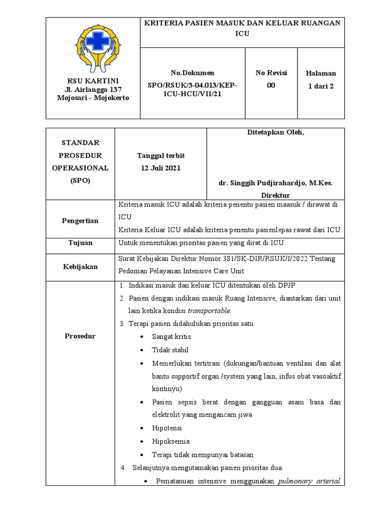 013 Spo-Icu Kriteria Pasien Keluar Masuk Icu | PDF