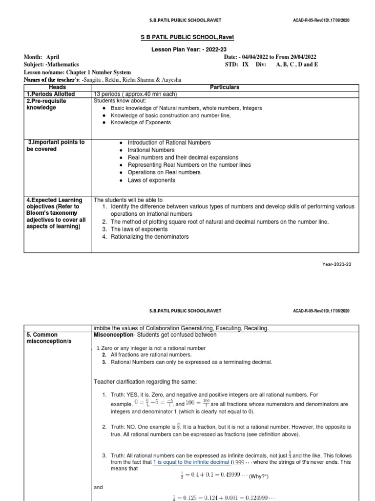 Class 9 Math Lesson Plan: Number System | PDF | Numbers | Rational Number