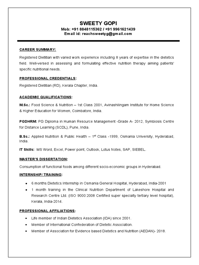 Sweety Gopi (RD) Resume | PDF | Dietitian | Medicine