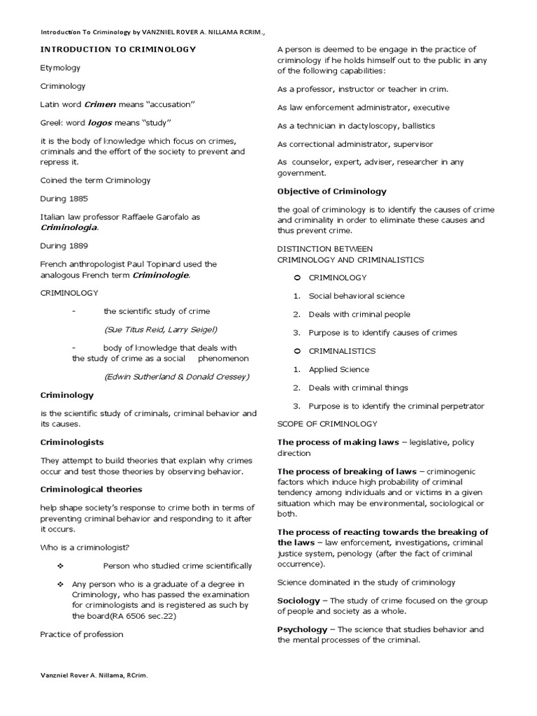 INTRODUCTION TO CRIMINOLOGY Notes | PDF | Criminology | Twin