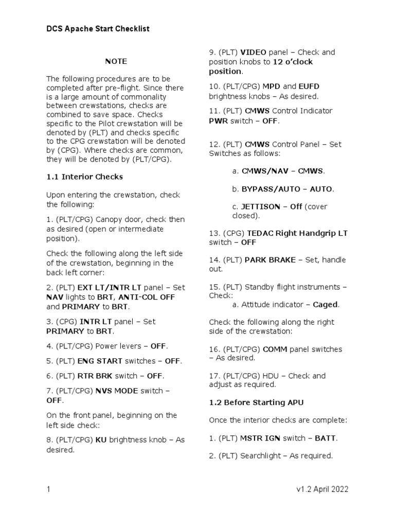 DCS Apache Cold Start Checklist | PDF | Transponder (Aeronautics ...