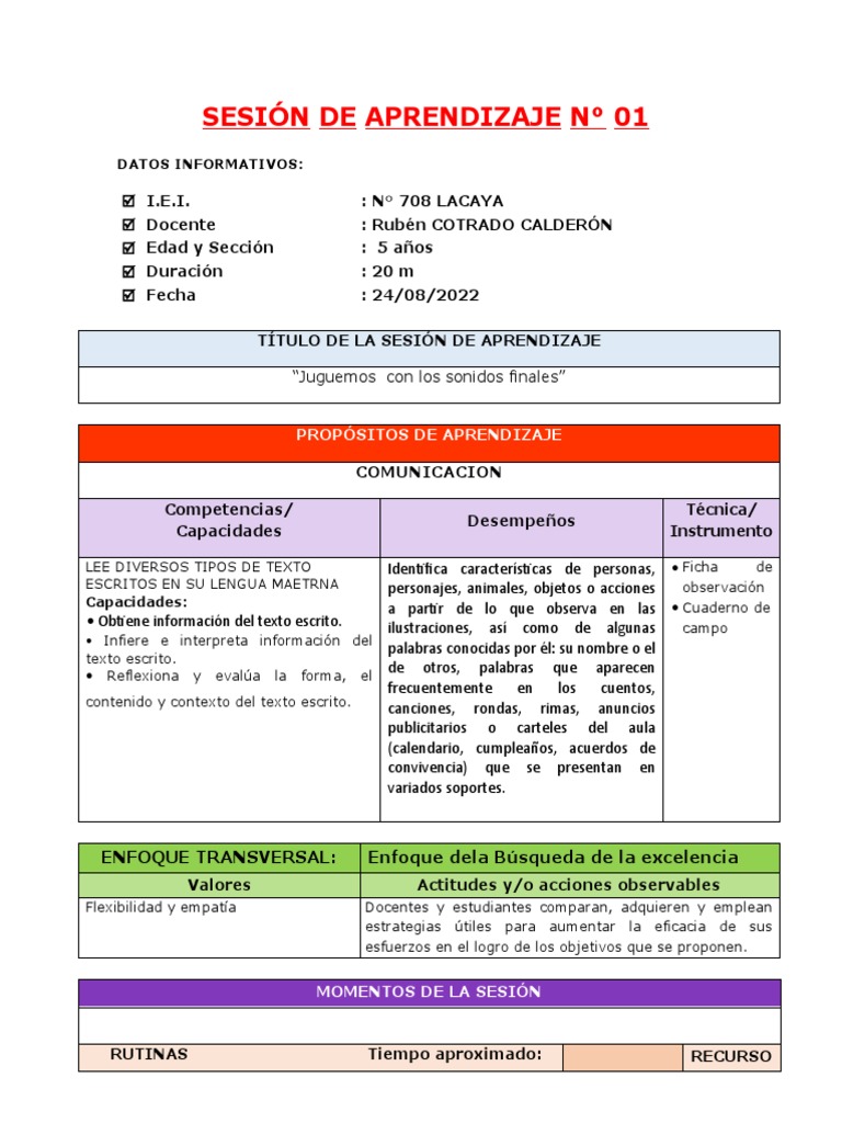 Sesión de Aprendizaje (Inicial) | PDF | Aprendizaje