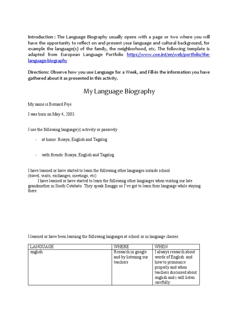 Peje Bernard My Language Biography 1 7 PEJE | PDF | English Language ...