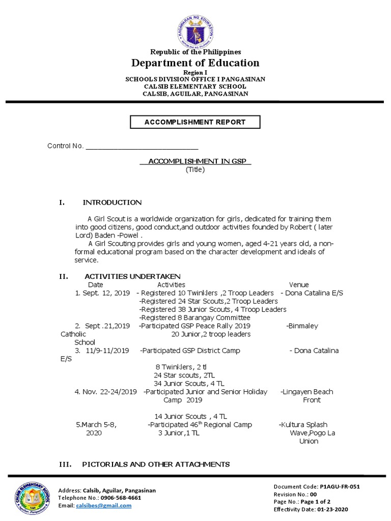 Accomplishment Report in GSP 2019-20 | PDF | Scouting | Youth