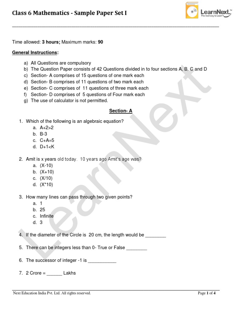Class 6 Maths Sample Paper Set I | PDF | Numbers | Abstract Algebra