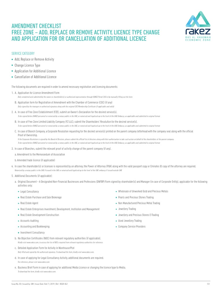 Checklist Licence Amendments Licence Type Activities Free Zone | PDF ...