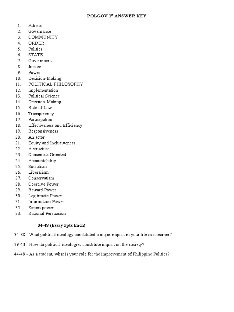POLGOV 1st ANSWER KEY | PDF