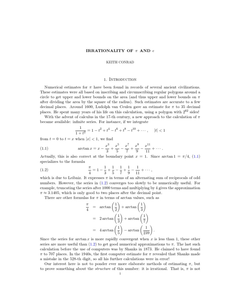 Irrationality of π and e Explained | PDF | Pi | Numbers