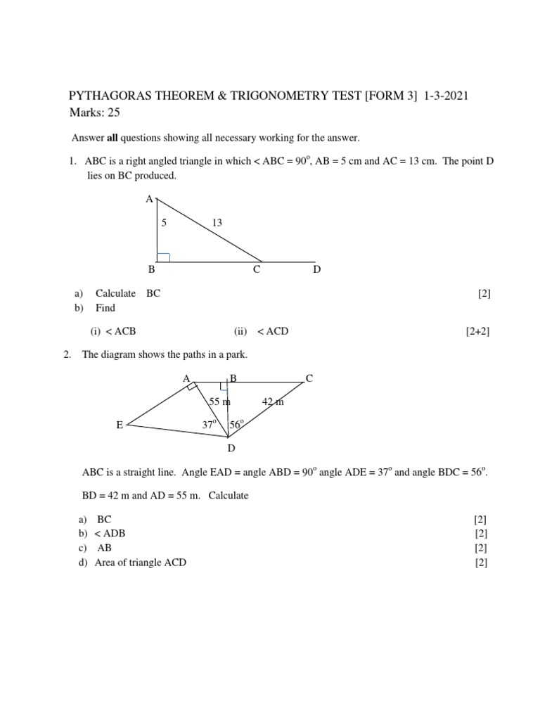 PYTHAGORAS THEOREM Test1-3-2021 | PDF | Triangle | Circle
