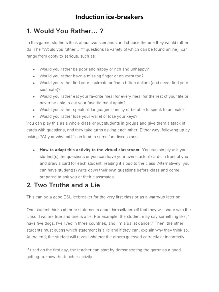 Ice Breakers | PDF | English As A Second Or Foreign Language