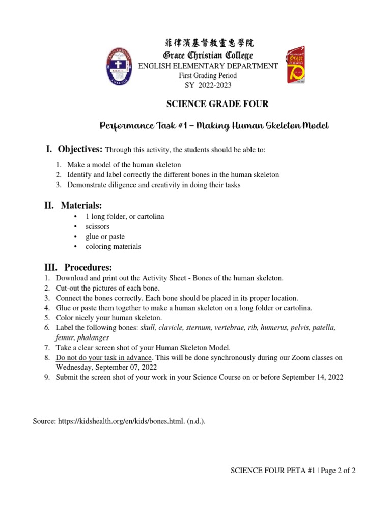 Science Four Performance Task No. 1 Human Skeleton 4 | PDF | Science & Mathematics