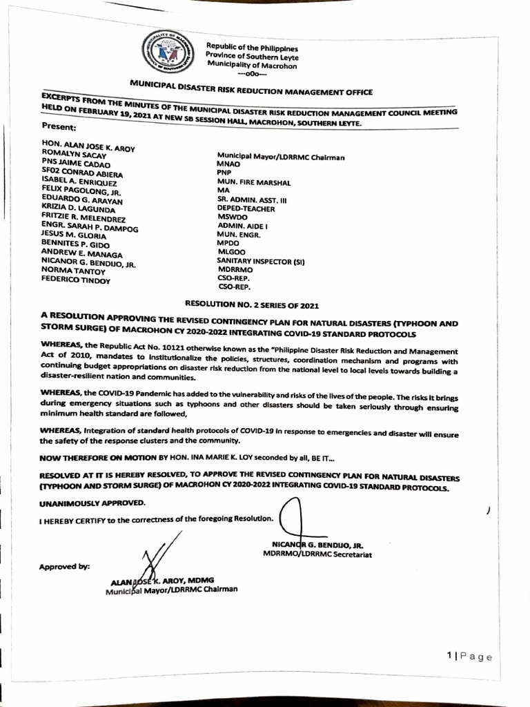 MDRRMC Approval of Contingency Plan | PDF