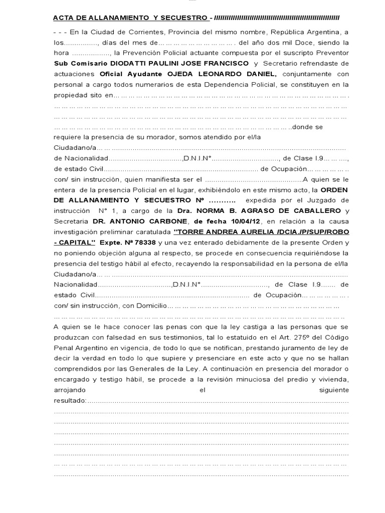 Acta Allanamiento Nota 8 | PDF | Justicia | Crimen y violencia