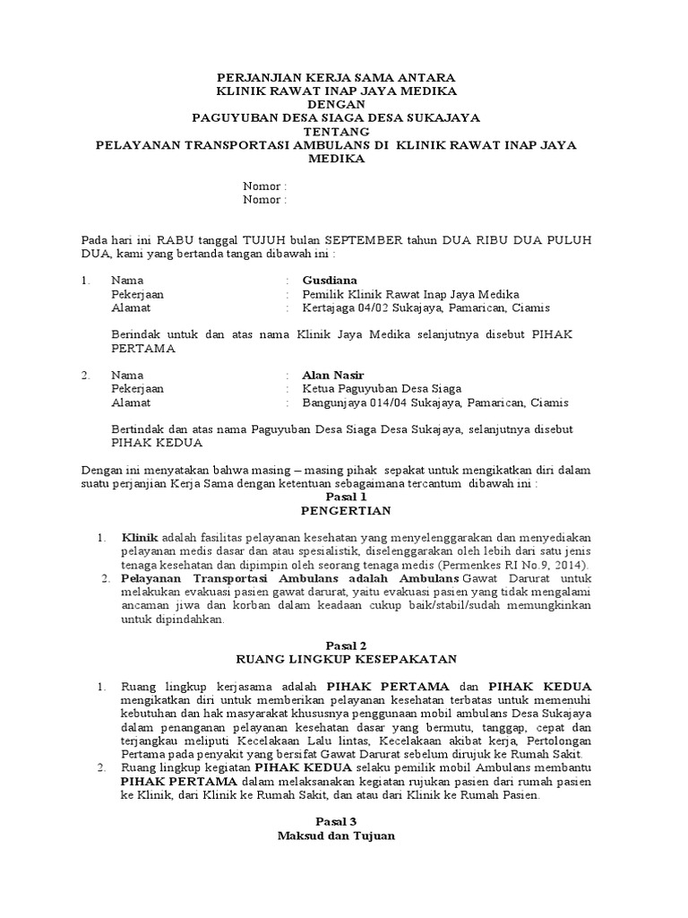 003 MOU Kerjasama Klinik Dengan Ambulan | PDF