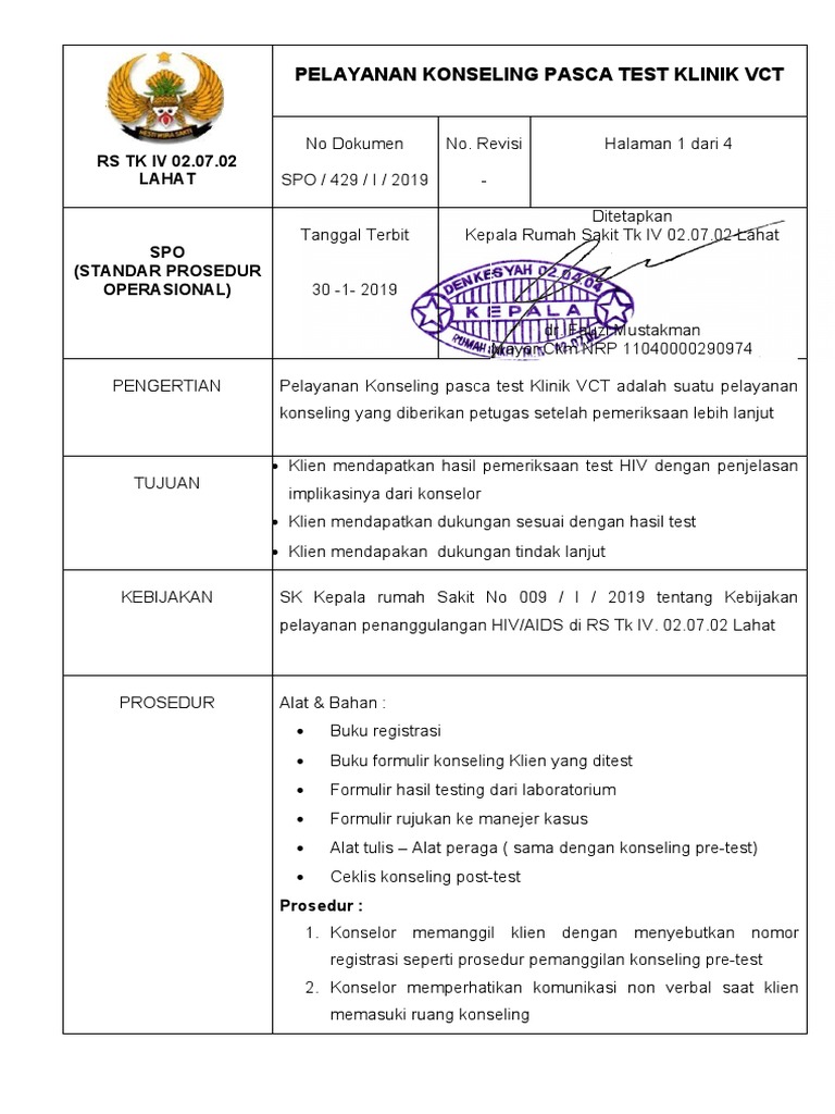 SPO Pelayanan Konseling Pasca Test Klinik VCT | PDF