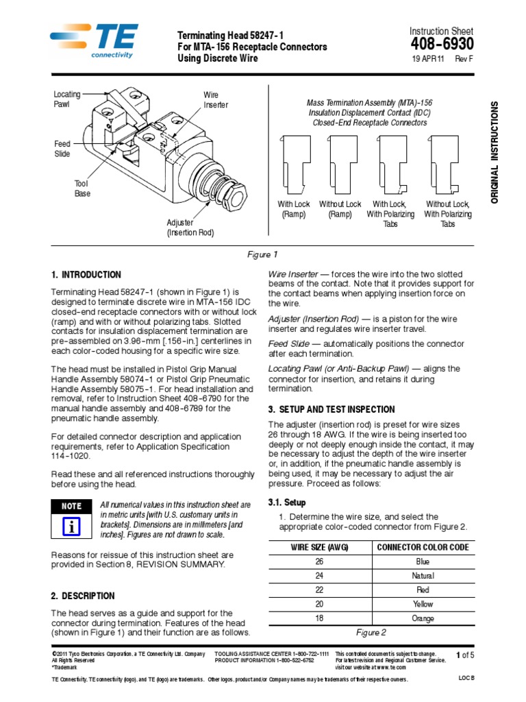 Terminating Head 58247 - 1 For MTA - 156 Receptacle Connectors Using ...
