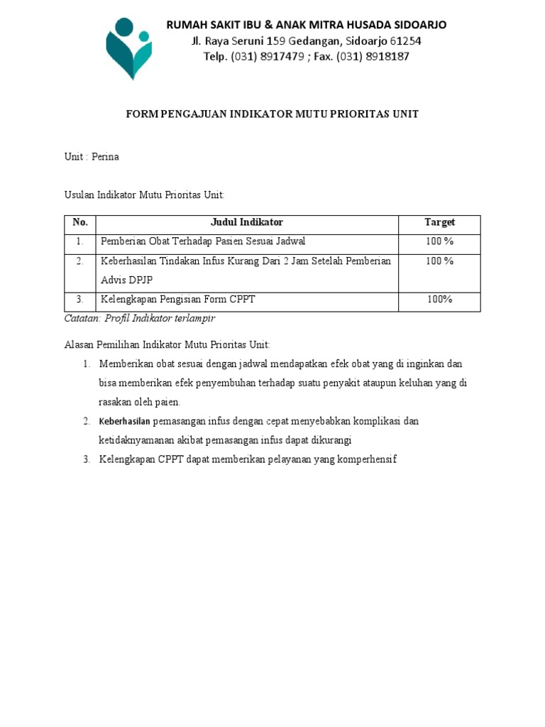 Form Pengajuan Indikator Mutu Unit Perina | PDF