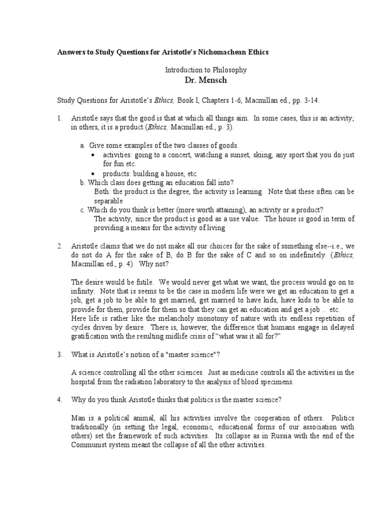 Study Questions and Answers For Aristotle | PDF | Reason | Virtue