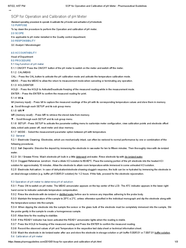 SOP For Operation and Calibration of PH Meter - Pharmaceutical ...