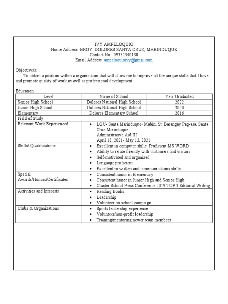 work immersion resume | PDF