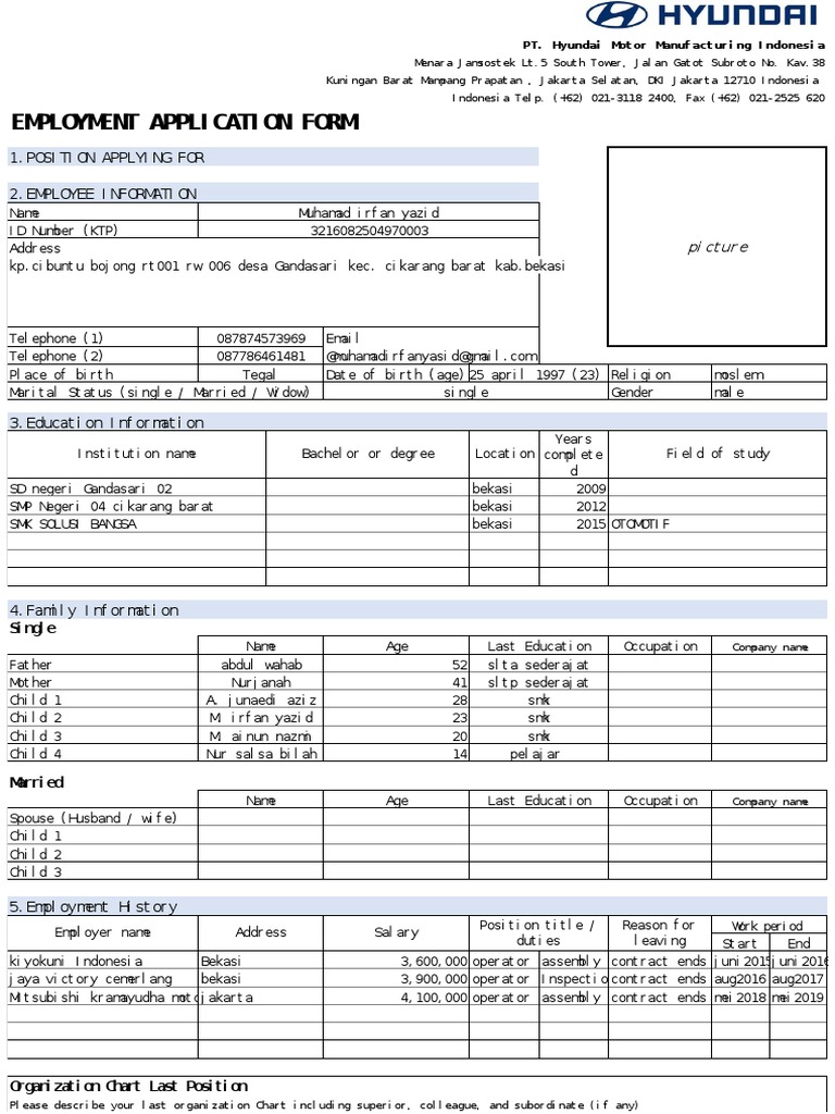 Employment Application Pt Hyundai Motor Manufacturing Indonesia Pdf