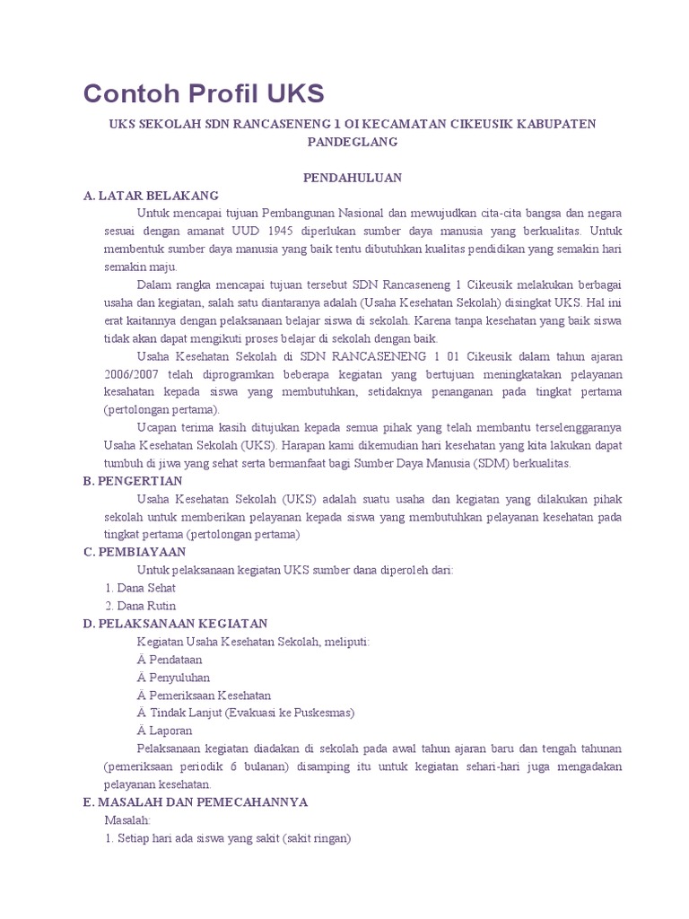 Contoh Profil UKS SDN Rancaseneng 1 | PDF