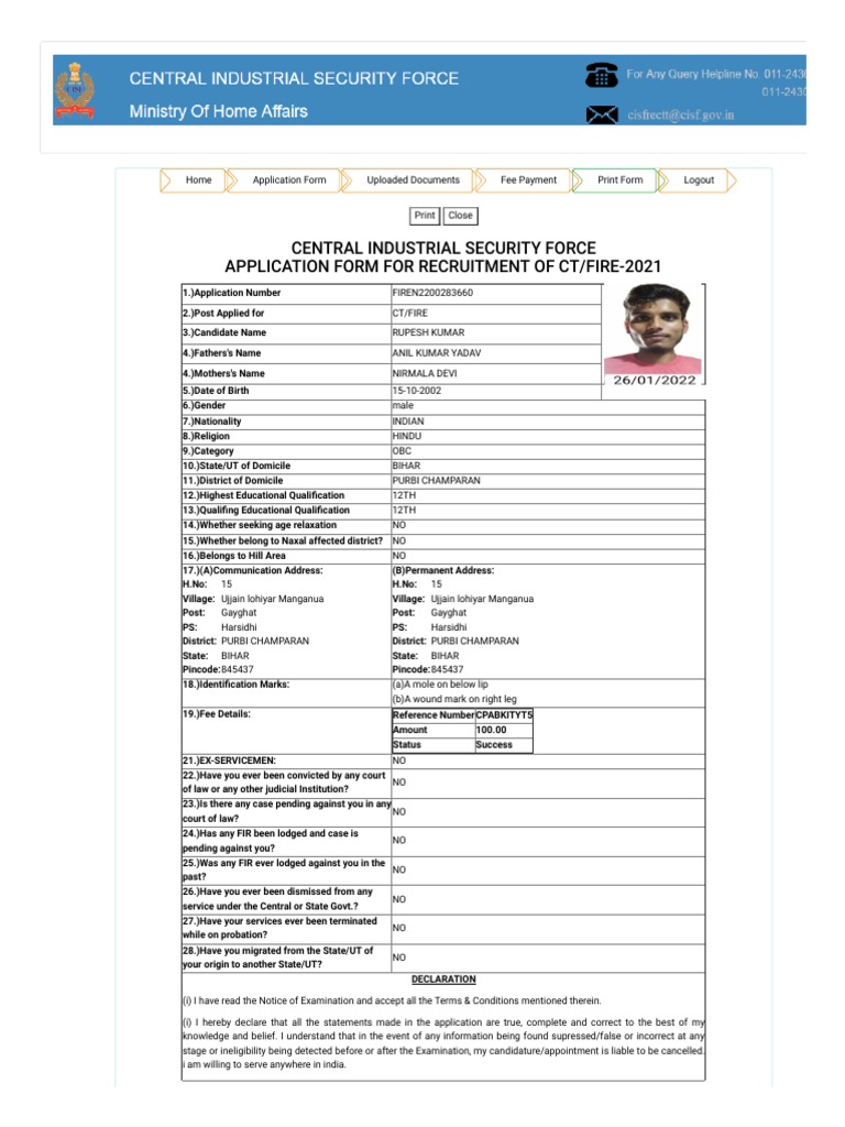 CISF CT/Fire 2021 Application Form | PDF | Government | Justice