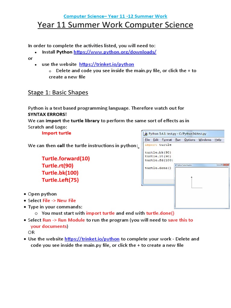 A Level Computer Science Python Turtle Worksheet | PDF | Subroutine | Control Flow