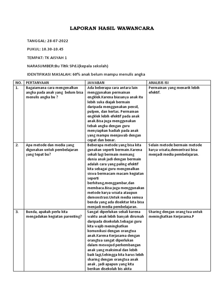 Laporan Hasil Wawancara Kepala Sekolah | PDF