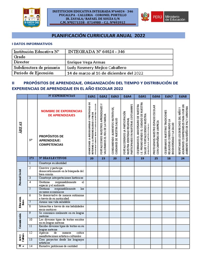 Planificacion Curricular Anual 2022 | PDF | Aprendizaje | Experiencia