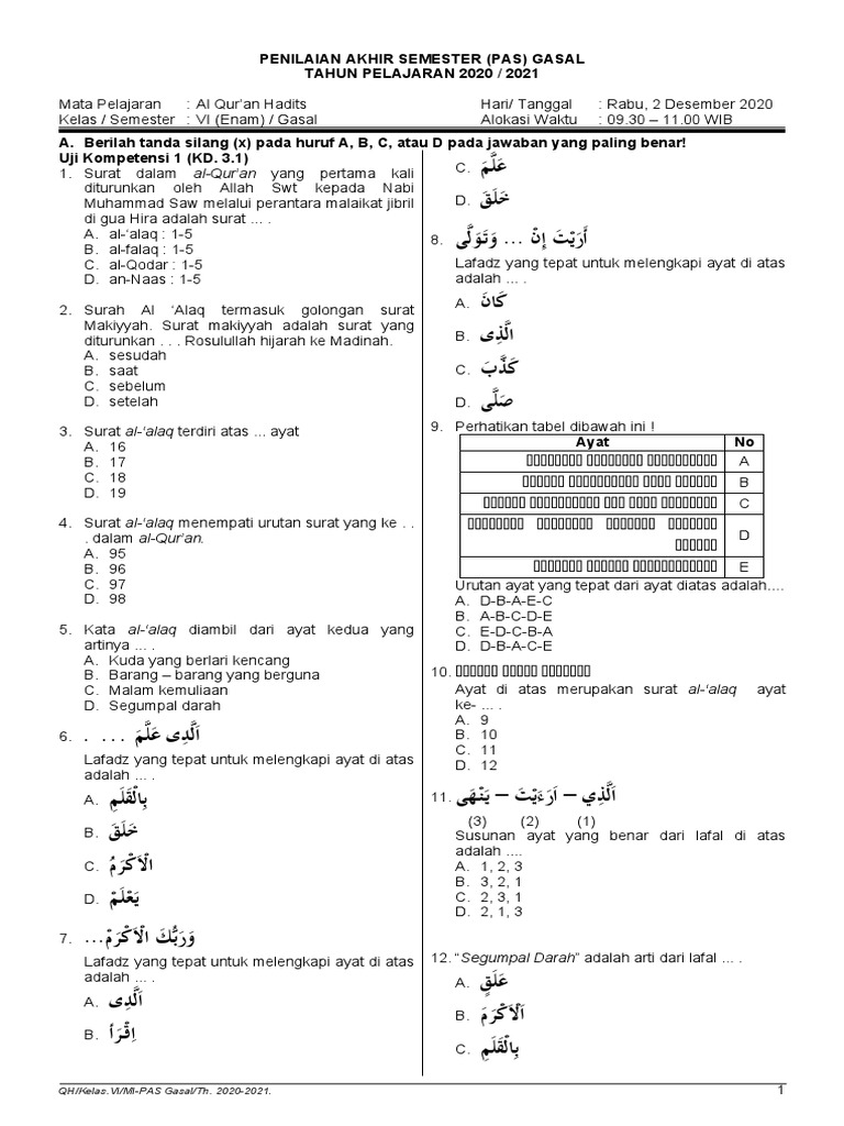 Soal PAS QH Kelas 6 Edit Layout | PDF