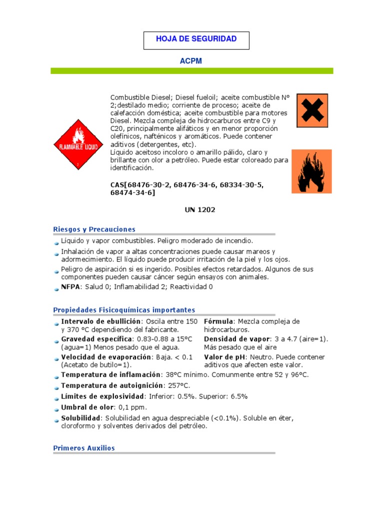 Hoja de Seguridad Acpm | PDF | Agua | Solubilidad