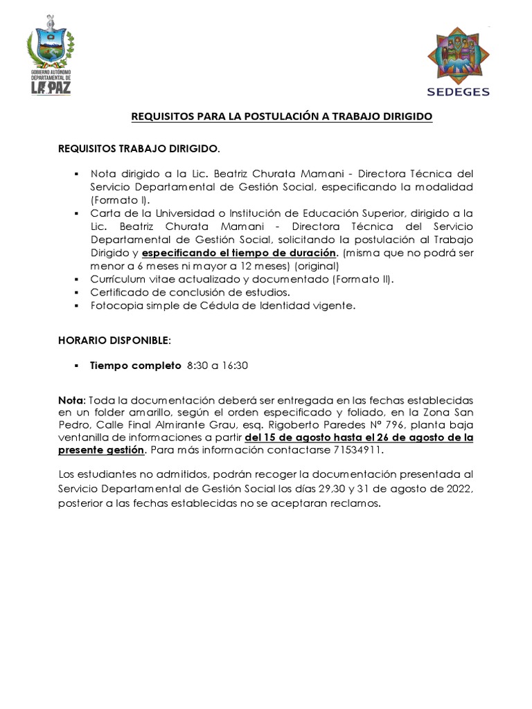 Requisitos para La Postulación A Trabajo Dirigido | PDF