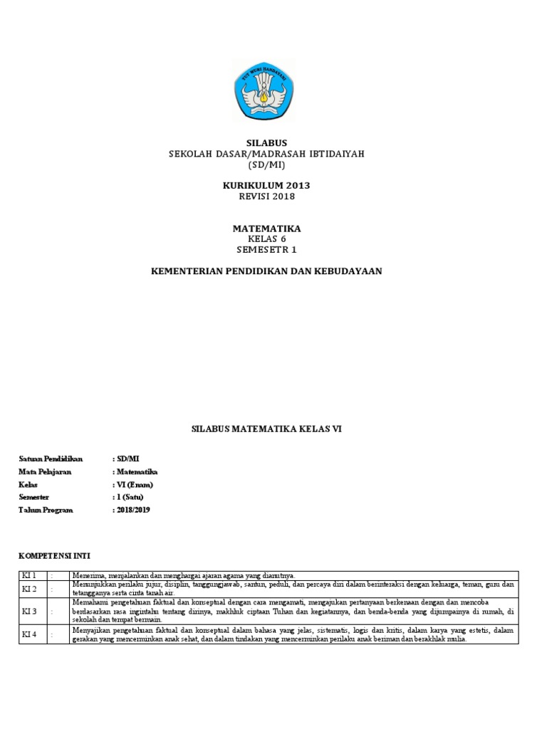 Silabus Matematika Kelas 6 Semester 1 Datadikdasmencom PDF Free | PDF
