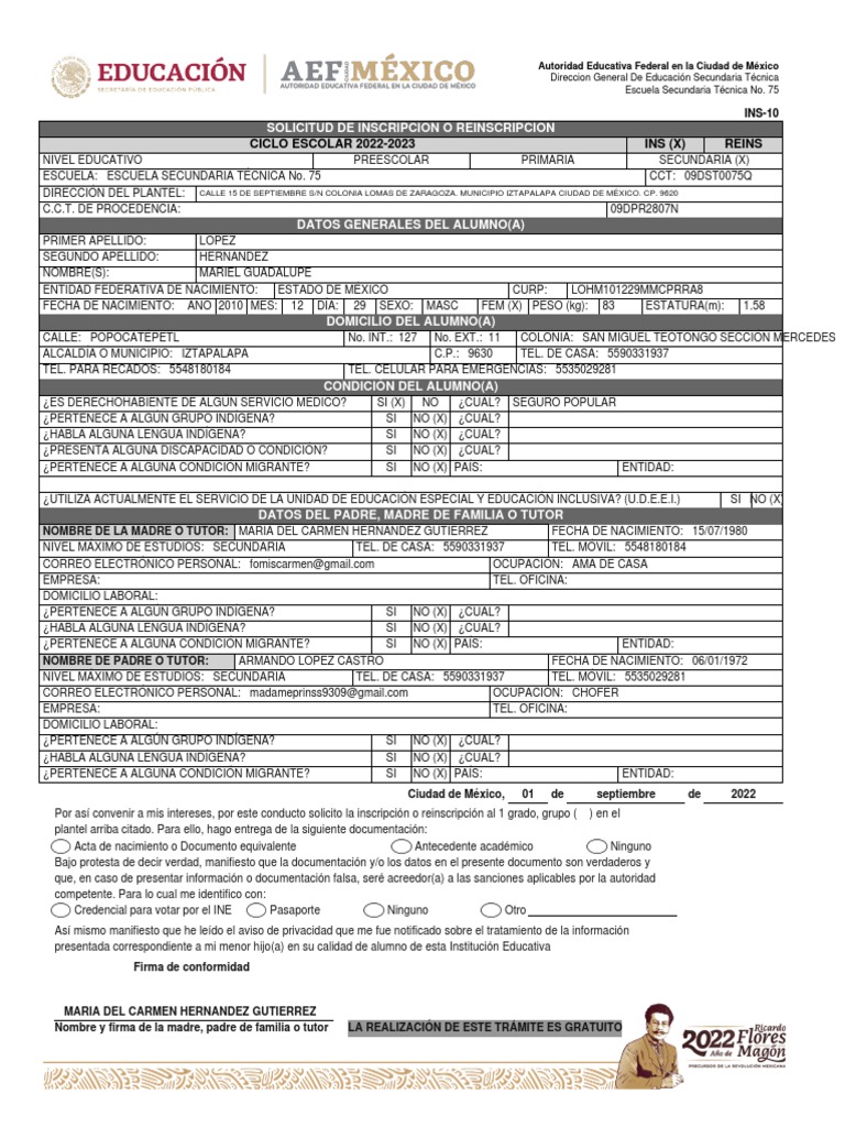 CICLO ESCOLAR 2022-2023 Ins (X) Reins: Solicitud de Inscripción O ...